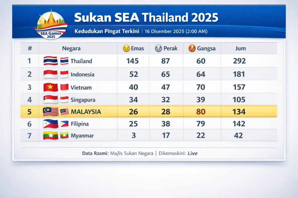 Sukan SEA 2025: Jadual & Kedudukan Terkini Pingat Malaysia